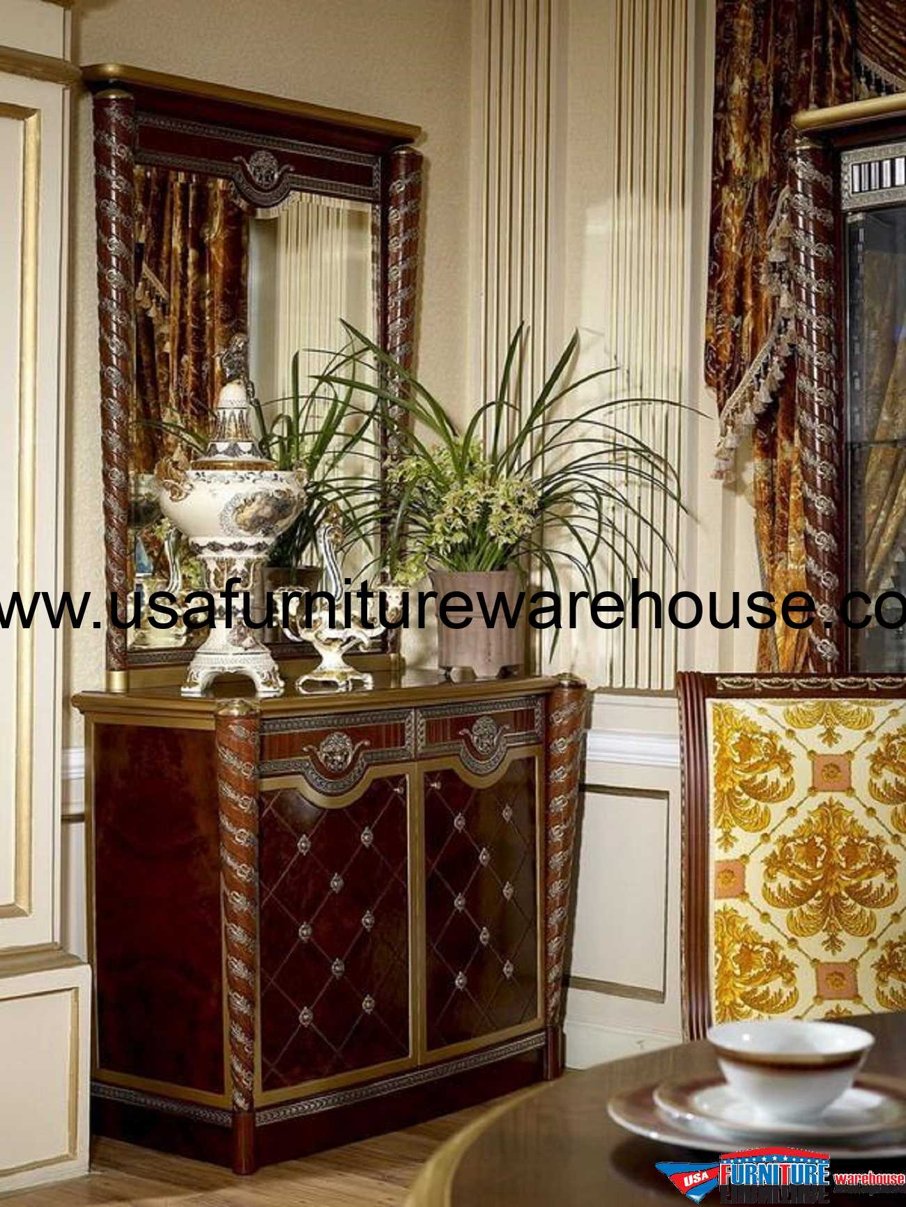 Zeus European Burgundy Small Buffet & Mirror Set - USA Furniture Warehouse