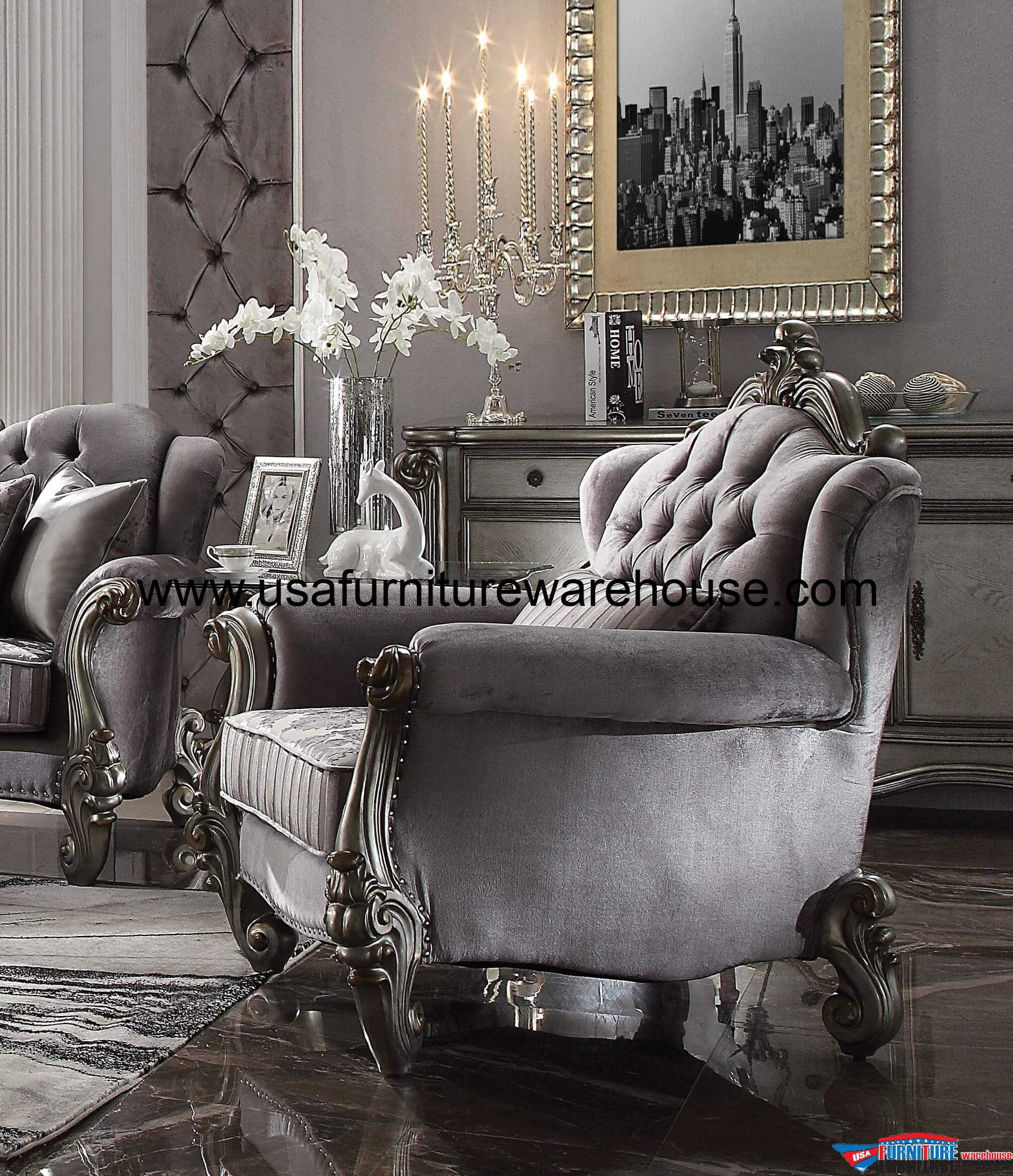 Versailles Chair Antique Platinum Velvet - USA Furniture Warehouse