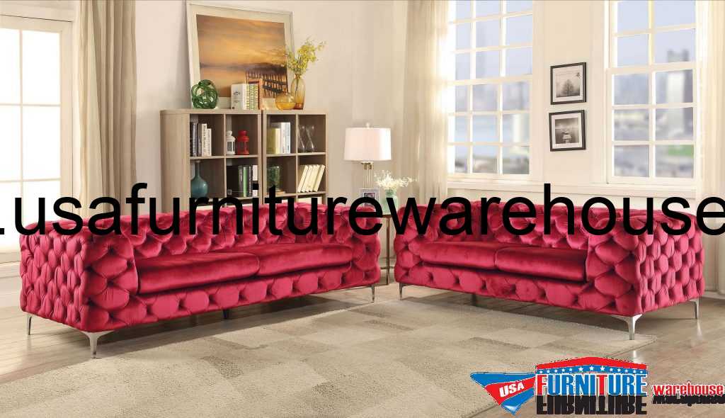2 Piece Acme Adam Red Velvet Sofa Set - USA Furniture Warehouse