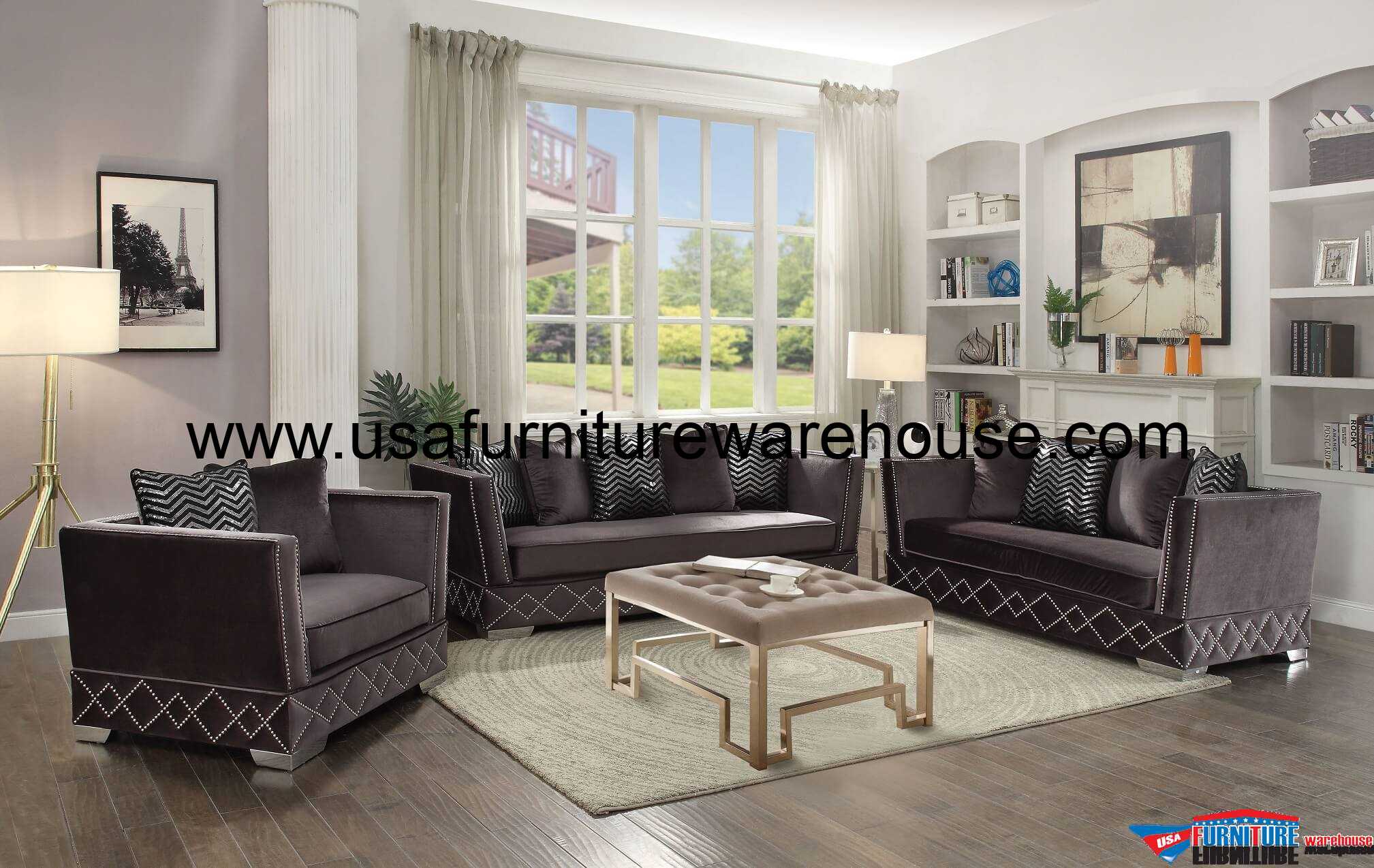 Acme Tamara Charcoal Velvet Sofa Set - USA Furniture Warehouse