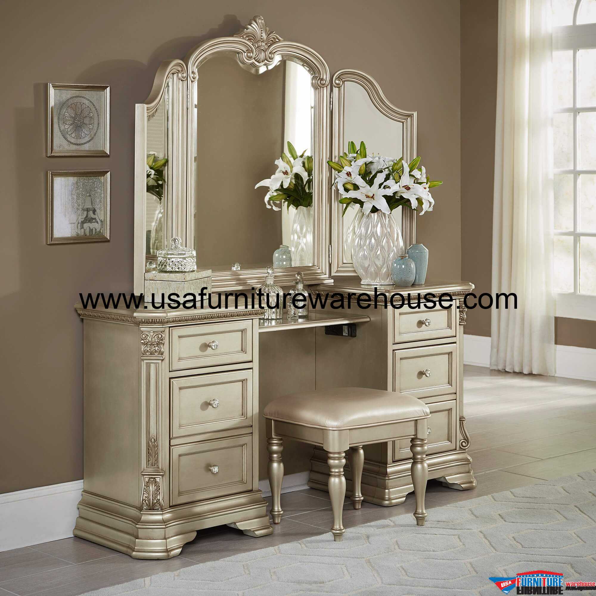 3 Piece Antoinetta Vanity Set Champagne Finish - USA Furniture Warehouse