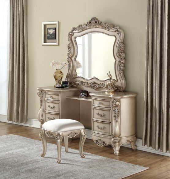 3 Piece Acme Vendome Gold Patina Vanity Set With Stool - USA Furniture ...