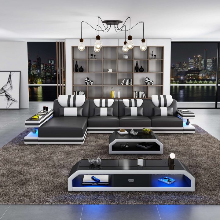 Lightspeed LED Contemporary Sectional Black & White Italian Leather ...