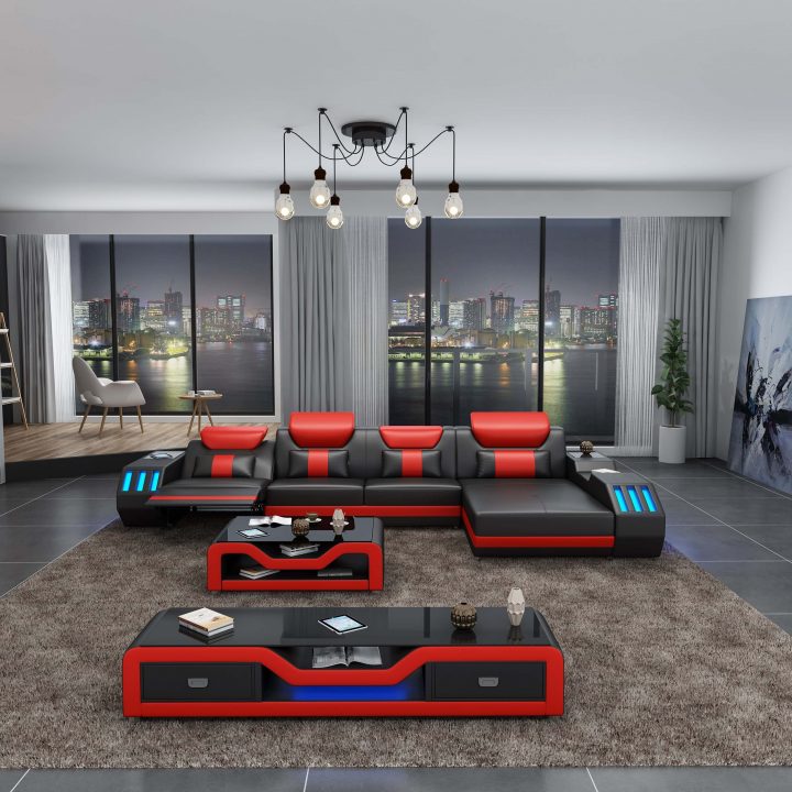 Starfighter LED Sectional With Recliner Black & White Italian Leather ...